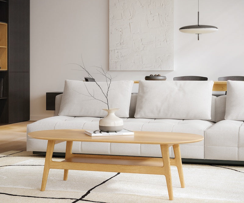 Ovalt Woodman sofabord i egetræ med hylde på 130x60x39 cm – Wood To You