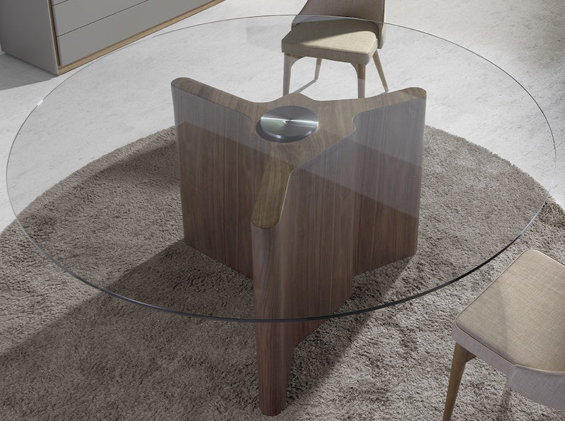 Stort rundt spisebord med glasbordplade og valnøddefod Ø180x76 cm ...