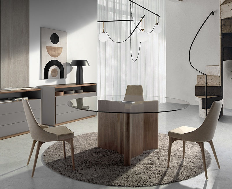 Stort rundt spisebord med glasbordplade og valnøddefod Ø180x76 cm ...